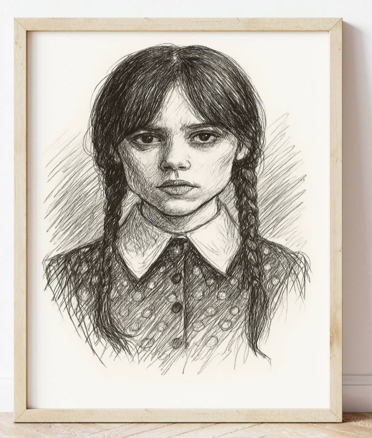 WEDNESDAY ADDAMS ADDAMS FAMILY DRAWING PRINT PORTRAIT SKETCH 8" x 10 ...