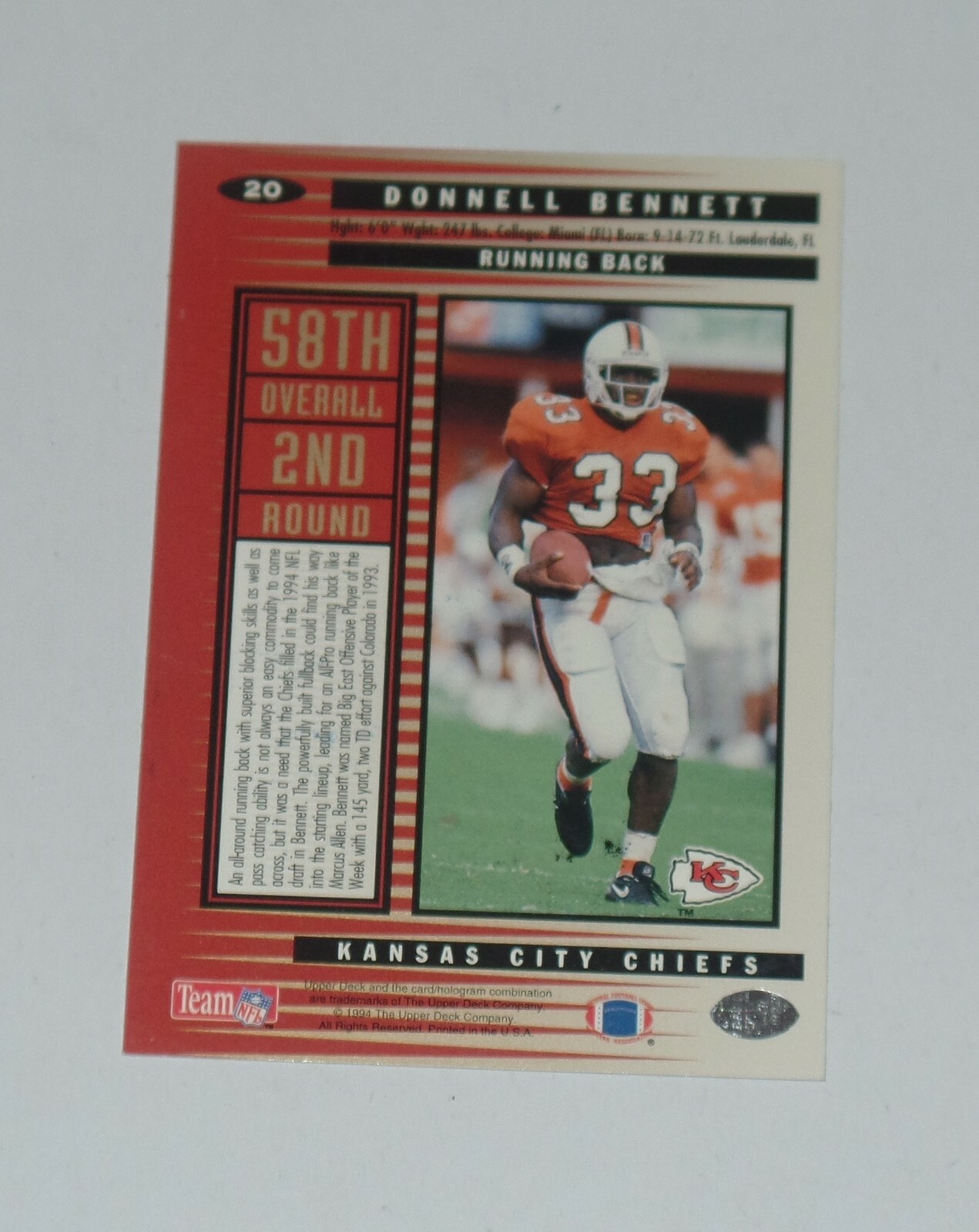 DONNELL BENNETT SIGNED AUTO'D 1994 UD COLLECTORS CHOICE CARD #20 KC ...