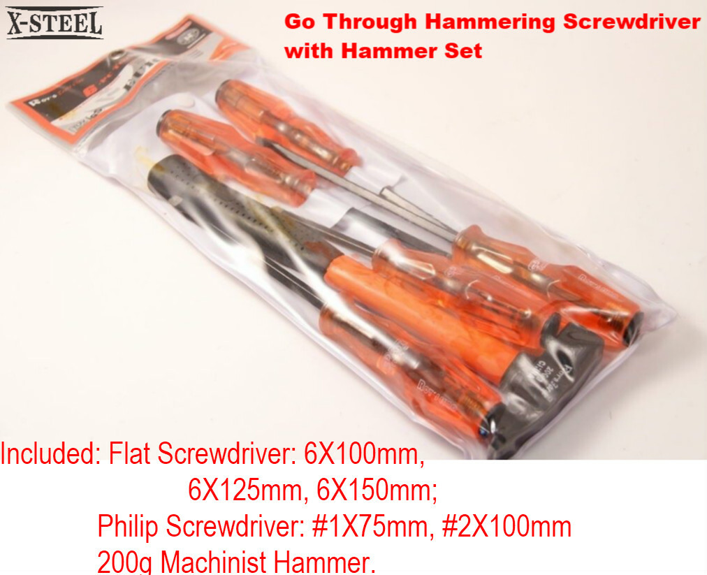 6pc Set Go Through Thru Tang Hammering Screwdriver with 200g Machinist ...