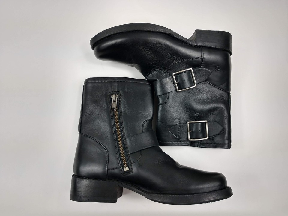 Frye Black Leather Vicky Engineer Moto Buckle Mid Rise Boots Women's ...