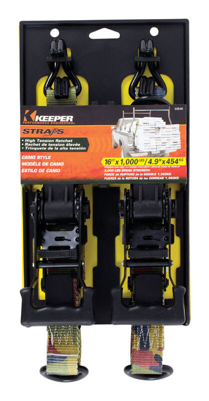 Tie-Down, 1-1/4 in W, 16 ft L, Camouflage, 1000 lb, J-Hook End Fitting ...