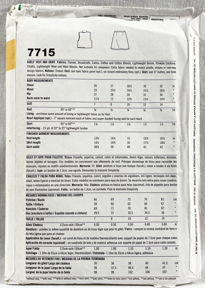 1997 Simplicity Sewing Pattern 7715 Girls Vest & Skirt Size 7-14 ...