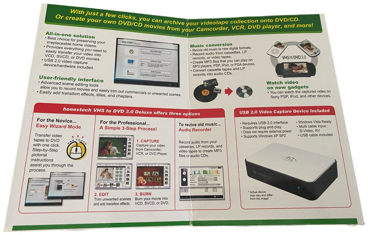 Honestech Vhs To Dvd 30 Deluxe Video Converter Vcd Wmv USB 2.0 Audio