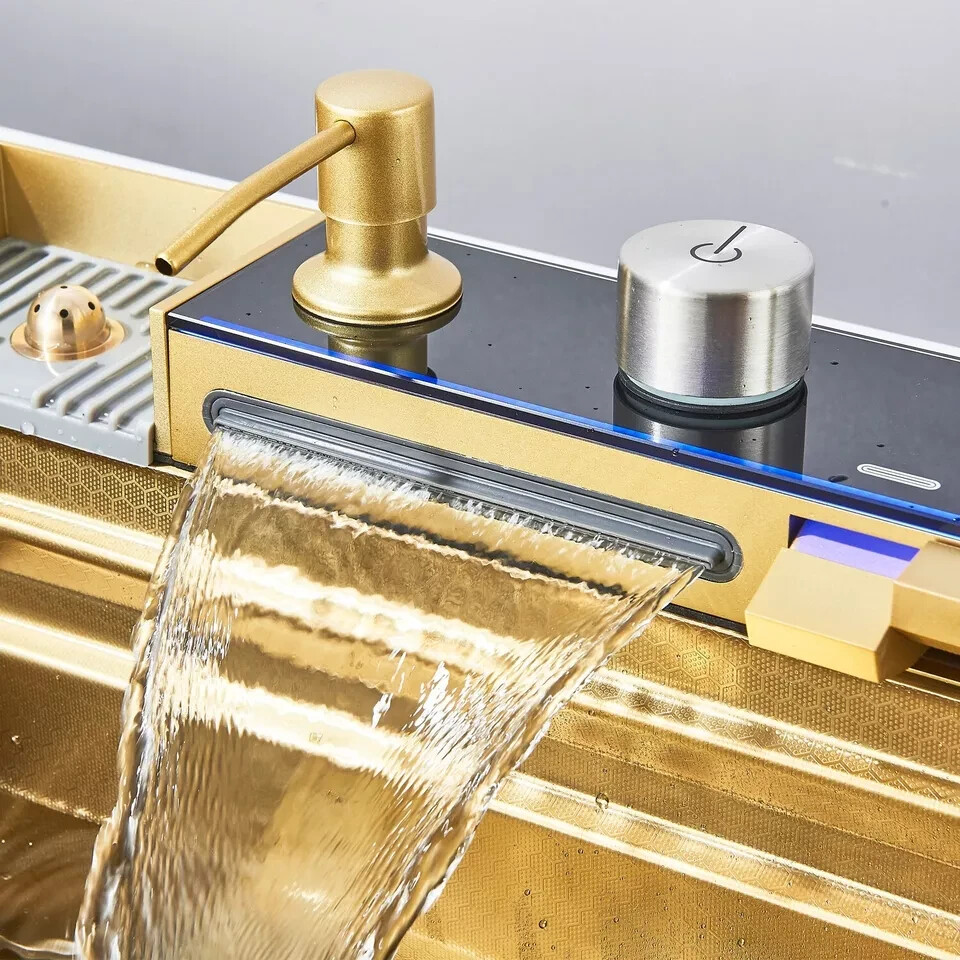 Gold Kitchen Sink Deluxe Flying Rain Waterfall Single Bowl Pull Out ...