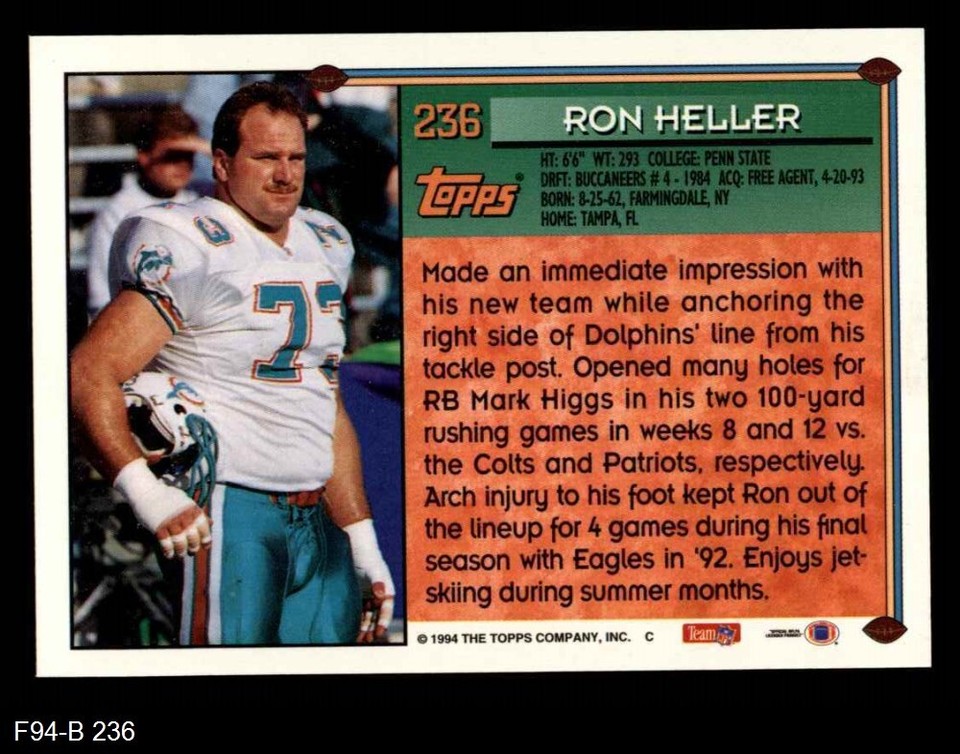 1994 Topps #236 Ron Heller Dolphins Penn St 8 - NM/MT | eBay