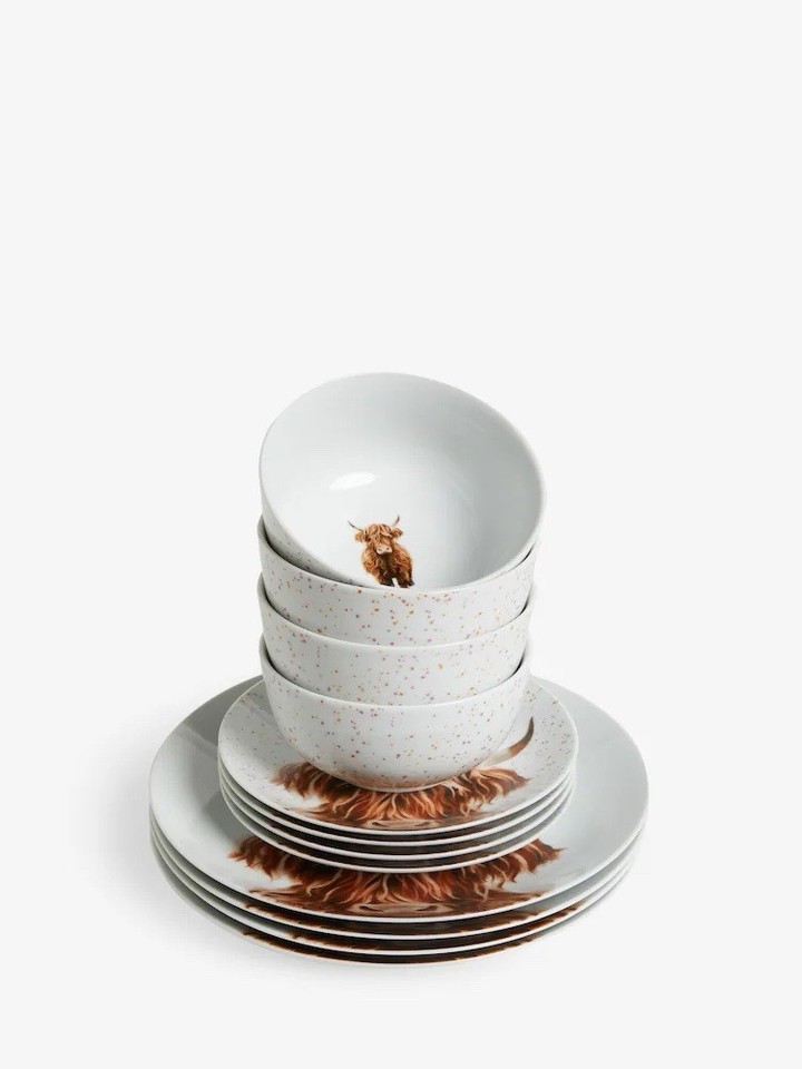 Hamish Cow Neutral Dinner Set 12-Piece NEXT Plates Side Plates & Bowls ...