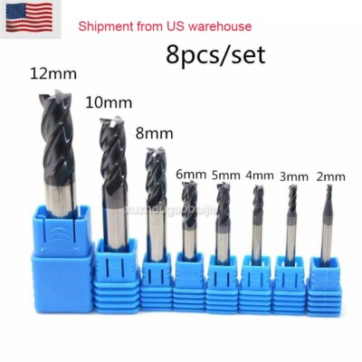 8pcs 4Flutes Tungsten Carbide End Mill Set Milling Cutter Tool 2mm-12mm ...