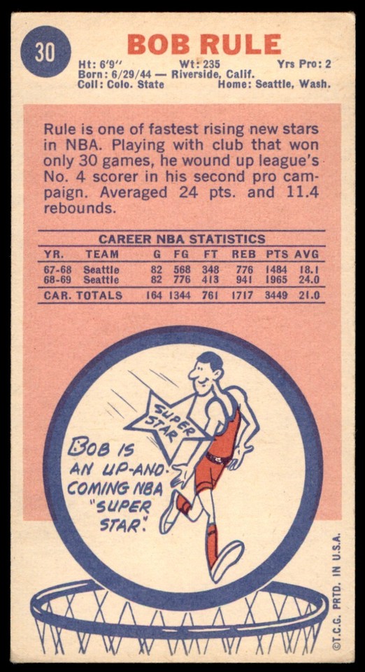 1969-70 TOPPS BOB RULE RC SEATTLE SUPERSONICS #30D | eBay