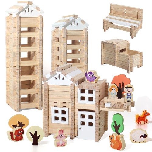 BESTAMTOY 170 PCS Wooden Log Cabin Set Building House Toy for Toddlers ...
