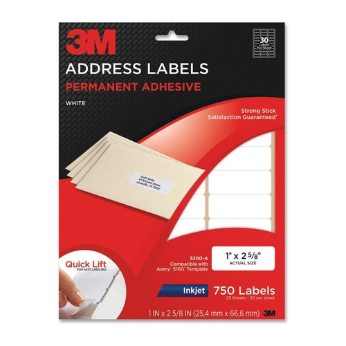 3M White Address Labels 1 x 2-5/8 Permanent Quick Lift Inkjet 750Pk ...