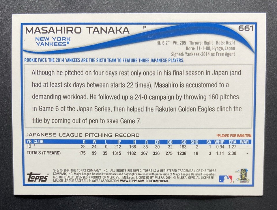 2014 Topps Baseball RED TARGET # 661 MASAHIRO TANAKA RC Rookie New York ...