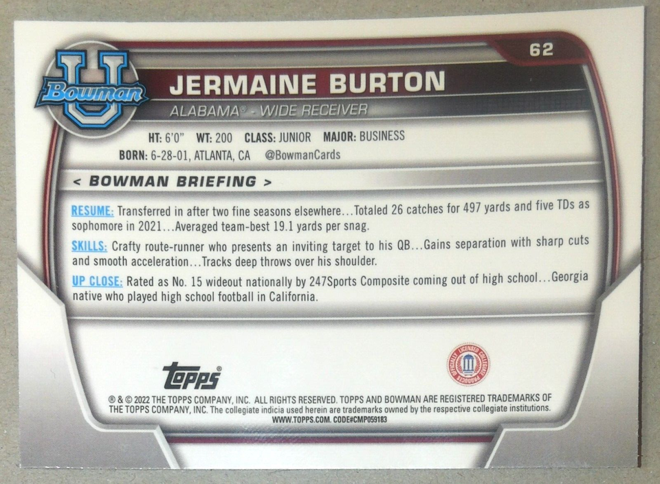 2022 Bowman Chrome U Jermaine Burton #62 Alabama Crimson Tide 1st ...