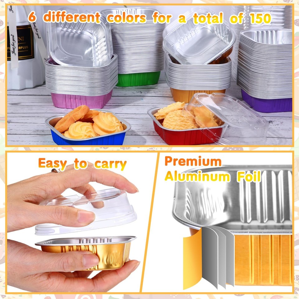 150 PCS 3.4oz Aluminum Foil Mini Cake Pans with Lids 6 Colors Square ...