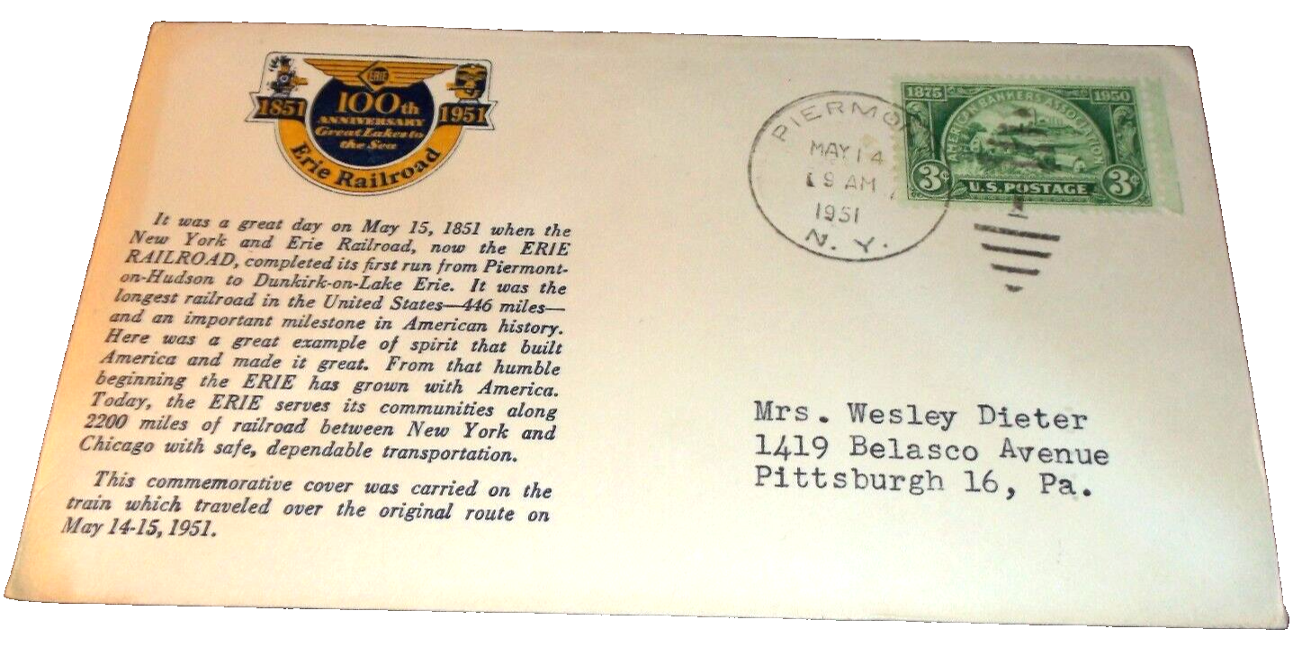 MAY 1951 ERIE RAILROAD 100TH ANNIVERSARY ENVELOPE PIERMONT NEW YORK B ...