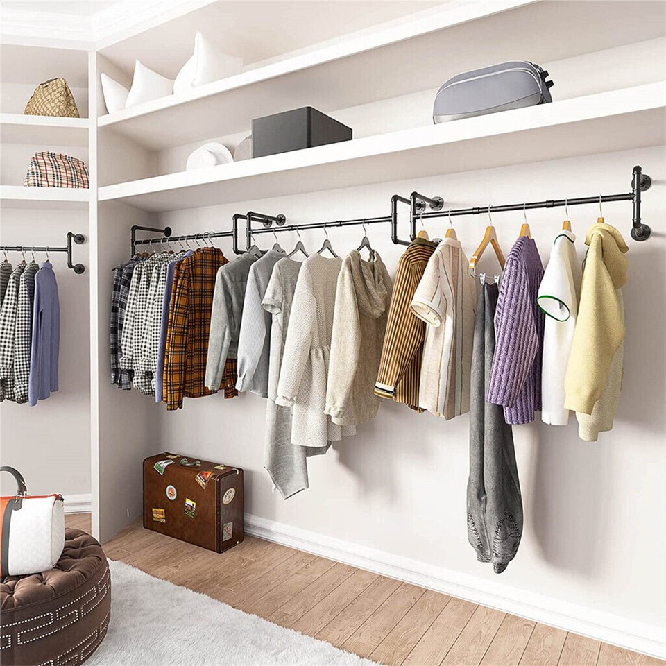 Wall Mount Garment Clothes Closet Storage Rack Hanging Rail Iron Pipe ...