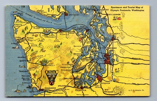 C.1940 MAP, OLYMPIC PENINSULA, SEATTLE, WASHINGTON, TACOMA, OLYMPIA ...
