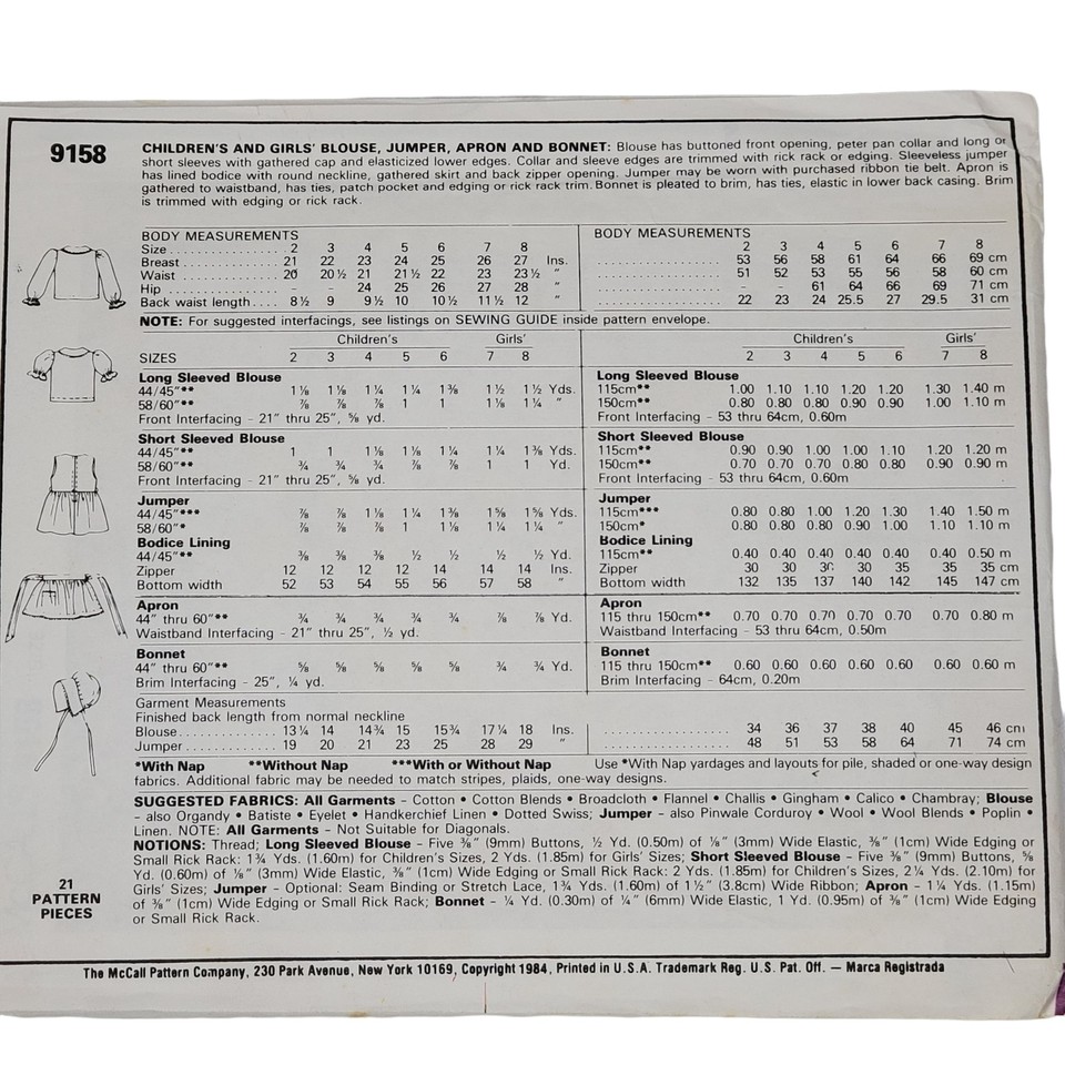 Vintage 80s McCalls Pattern 9158 Girls Collared Prairie Dress Sz 6 ...