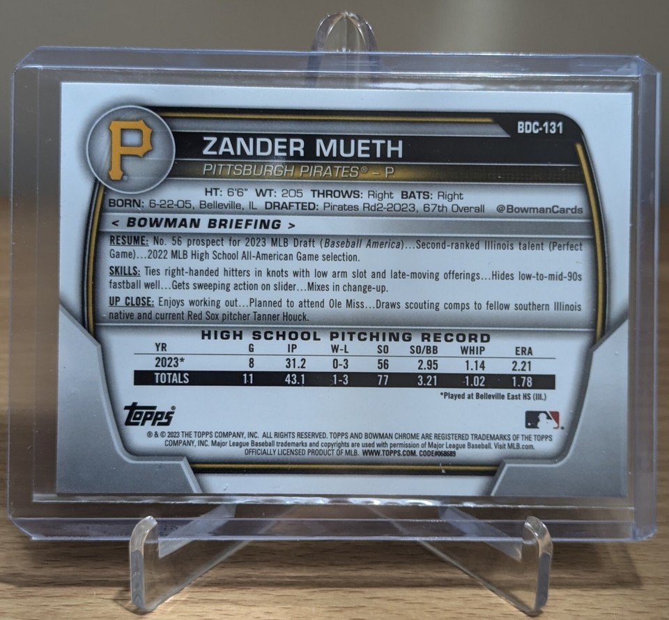 2023 Bowman Draft Zander Mueth 1st Bowman Fuchsia Lunar #175/199 ...