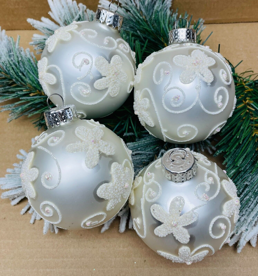 EUC S/4 Glass Ball Ornaments, Flower Design, White, White Glitter, 2 5/ ...