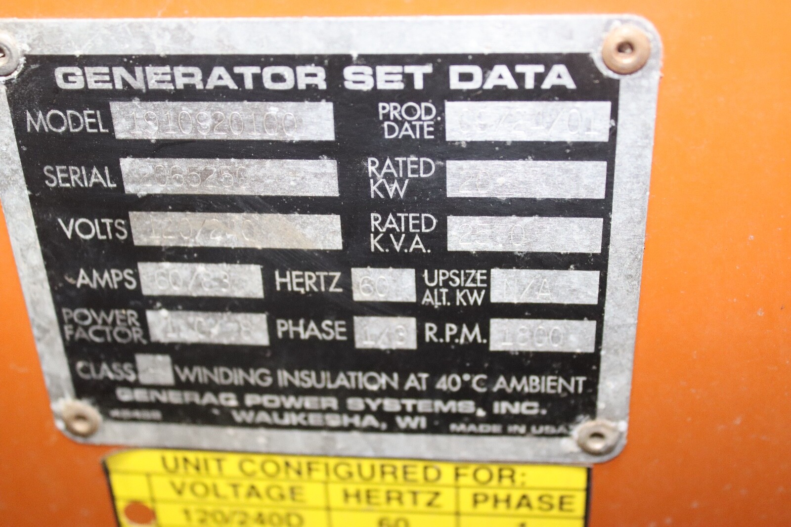 Generac 20 KW Generator Set w/298 Hours 25KVA Weatherproof Enclosure 1 ...