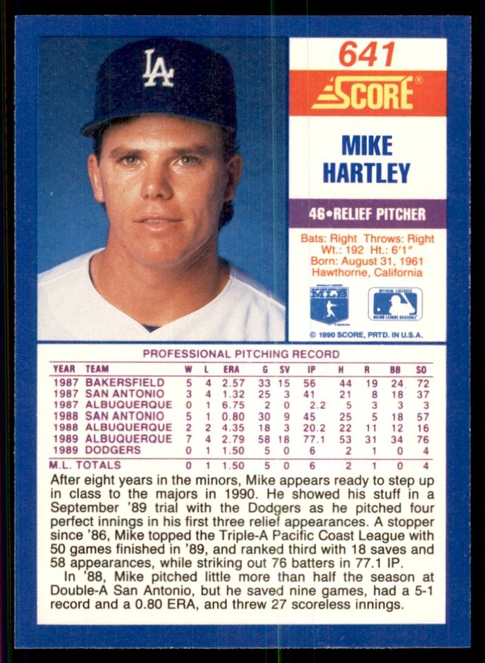 1990 Score Mike Hartley Rookie Baseball Cards #641 | eBay
