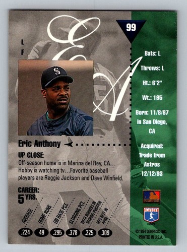 Eric Anthony Seattle Mariners Donruss 1994 Card 99 Sports Memorabilia ...