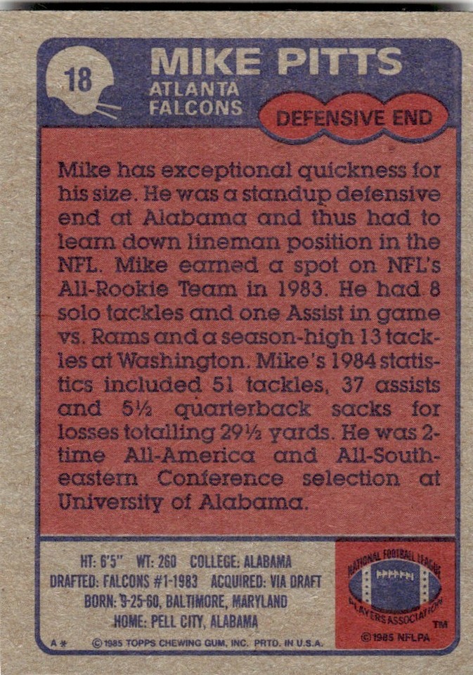 1985 Topps Mike Pitts Rookie Atlanta Falcons #18 | eBay