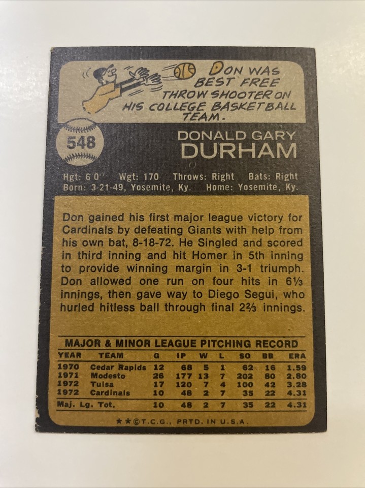 Don Durham Autographed 1973 Topps Card #548 St. Louis Cardinals A-310 ...