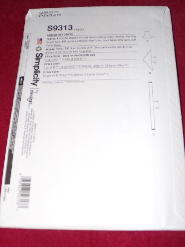 🌷 SIMPLICITY #S9313 - LADIES ( 3 STYLE ) FACE COVER - FACE MASK PATTERN ...