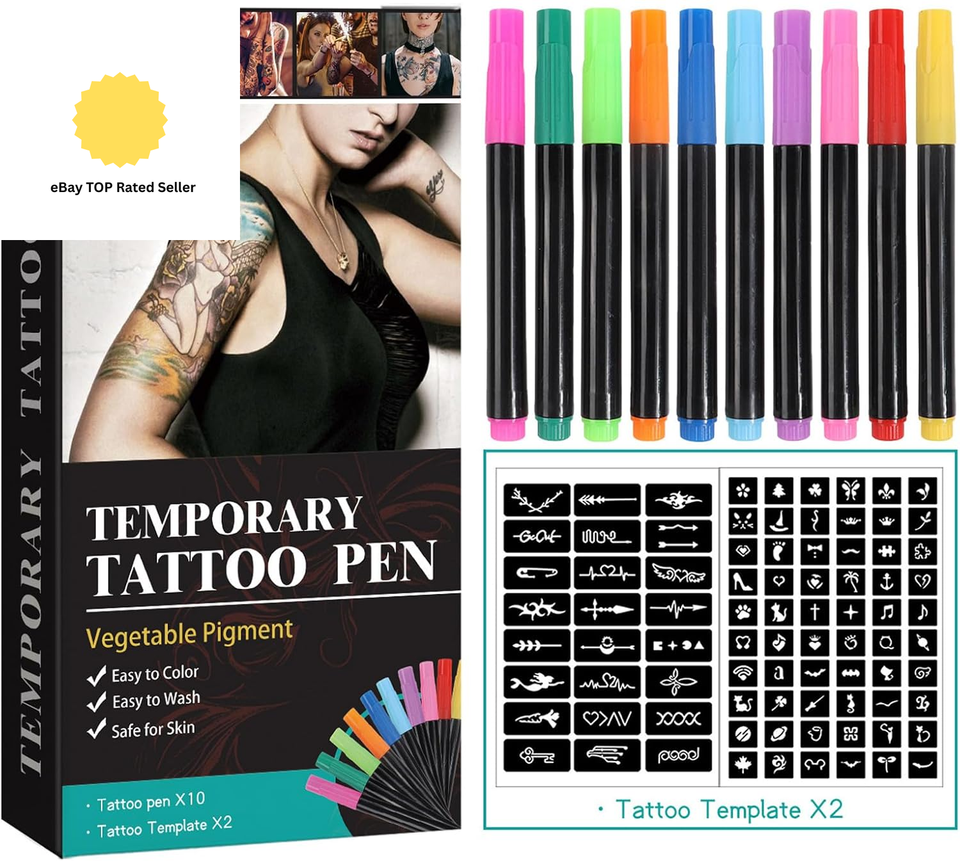 Temporary Tattoo Pens for Skin, 10 Different Coloured Body Tattoo Pens ...