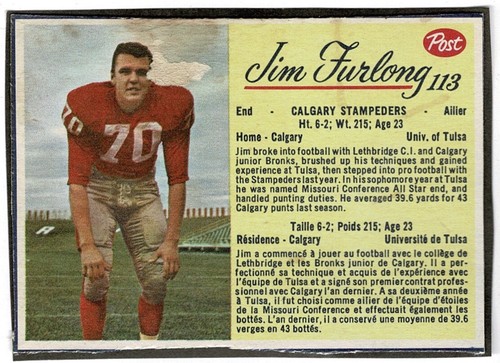 Jim Furlong 1963 Post Cereal Card Calgary Stampeders #113 University of ...