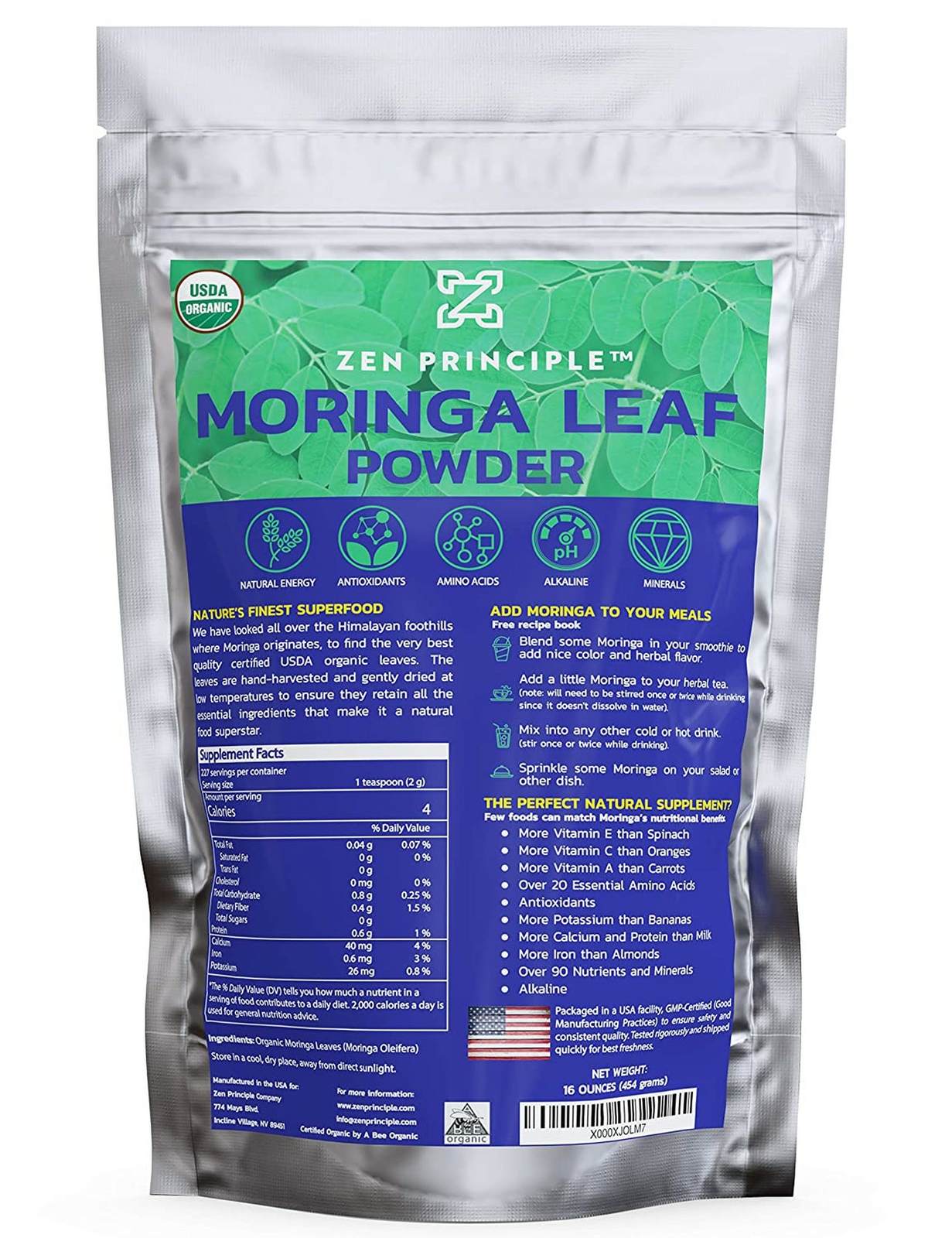 1 lb. Premium Organic Moringa Oleifera Leaf Powder. 100% USDA Certified ...