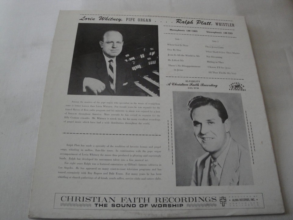 LORIN WHITNEY Pipe Organ RALPH PLATT Whistler LP CHRISTIAN FAITH ...