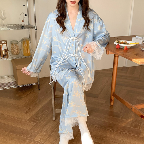 Lady Chinese Style Pyjama Set Long Sleeve Top Pants Lace Trim Frog ...