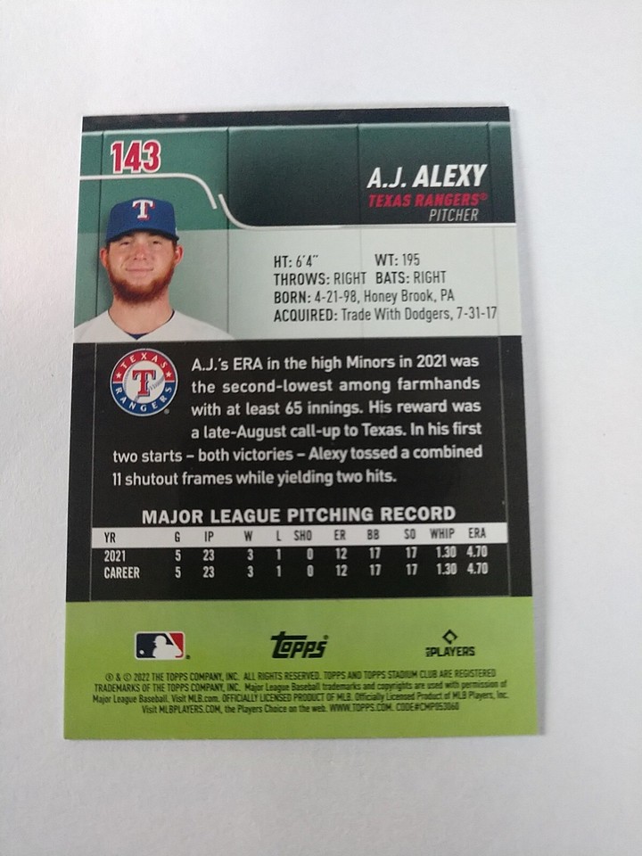 2022 Stadium Club #143 A.J. Alexy Texas Rangers Rookie Card RC | eBay