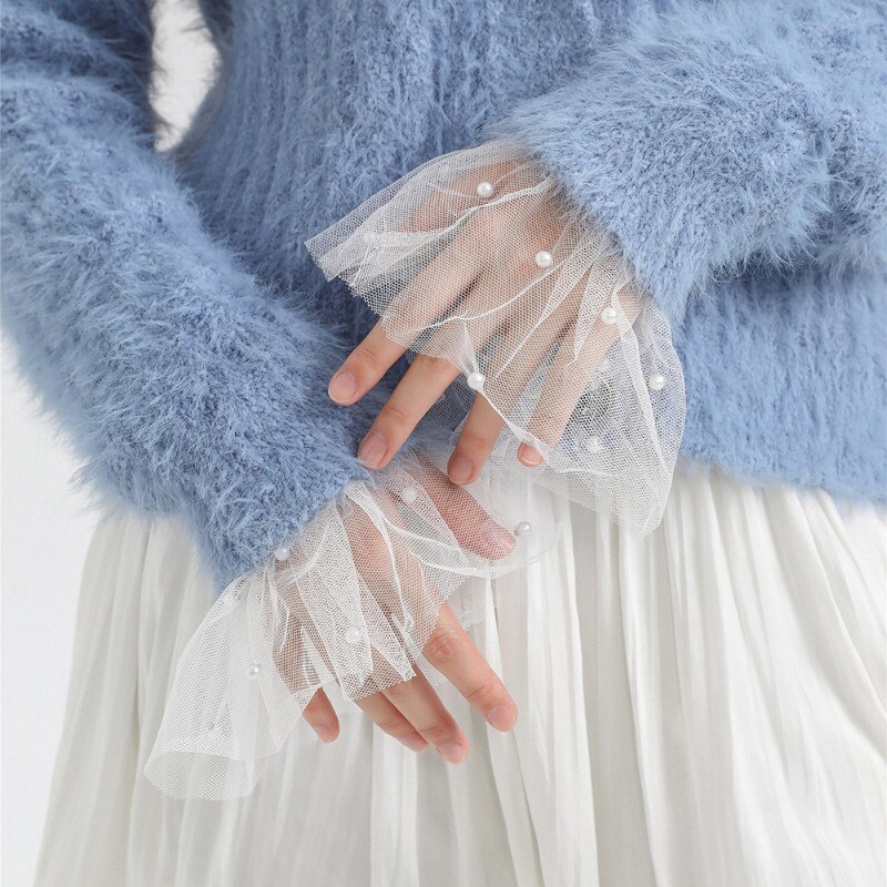 Mesh Beaded False Sleeves Wrist Cuffs Ruffle Detachable Fake White ...