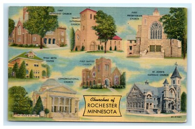 POSTCARD Churches of Rochester Minnesota St Johns, B'Nai Brith, Trinity ...