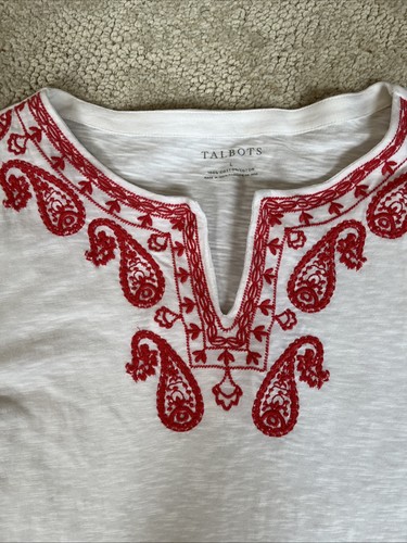 Talbots Shirt Womens L White Embroidered Split Neck Slub Knit 3/4 Sleeve Tunic | eBay