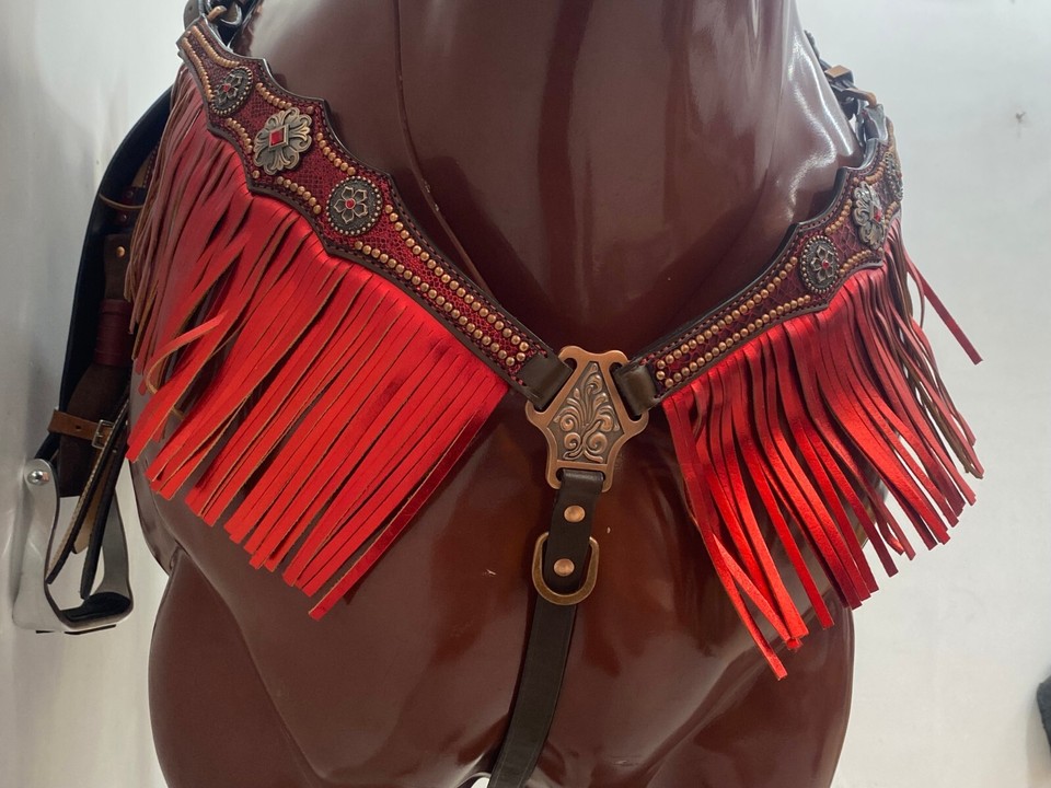 Western Genuine Leather Horse Fringe Headstall Breast Collar Set Tack ...