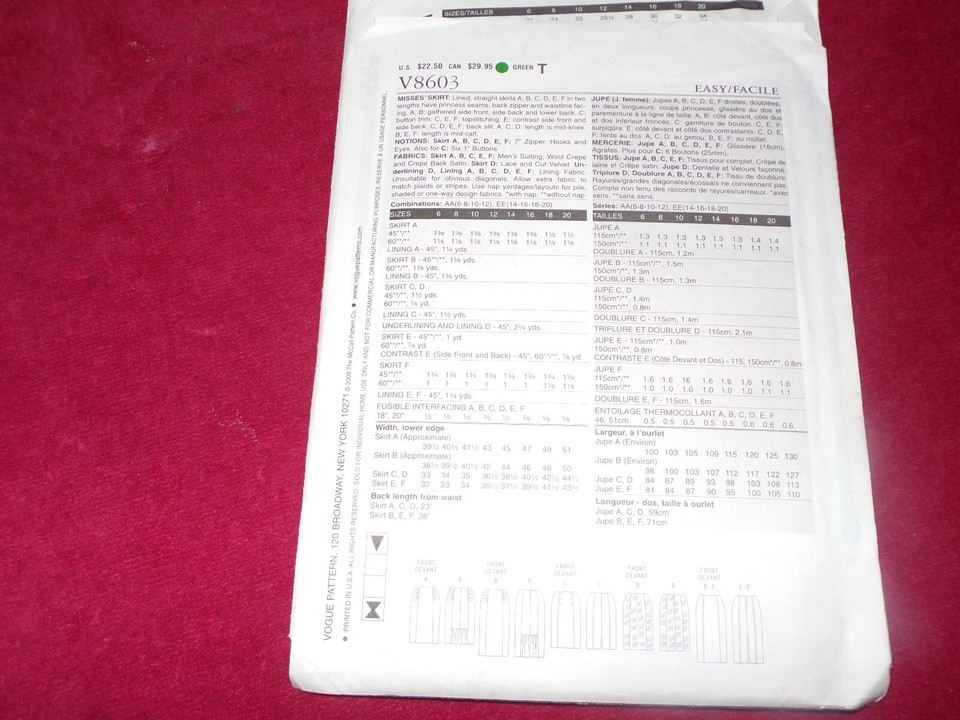 🌺 VOGUE #V8603 - LADIES ( 6 STYLE ) FITTED KNEE LENGTH SKIRT PATTERN 6 ...
