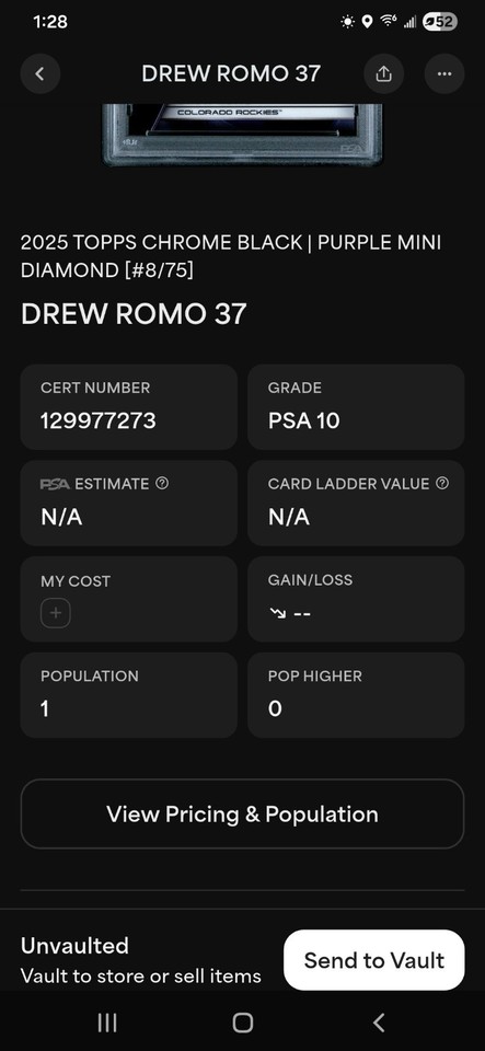 2025 Topps Chrome Black Purple Mini-Dia #37 Drew Romo (RC) 08/75 PSA 10 ...