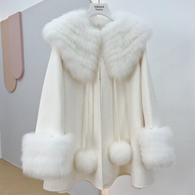 2023 Winter Women's Real Fox Fur Collar Cloak Wool Double Sided Fleece ...