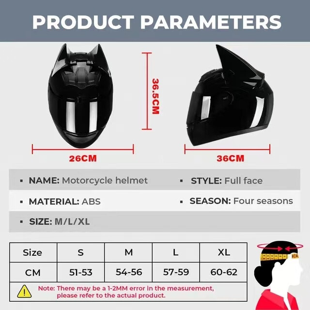 Full Face Helmet Motorcycle Motorbike Motor Helmets with Bat Ear Black ...