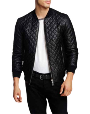 Men's Black Bomber Full Quilted Genuine Sheepskin Leather Jacket Rib ...