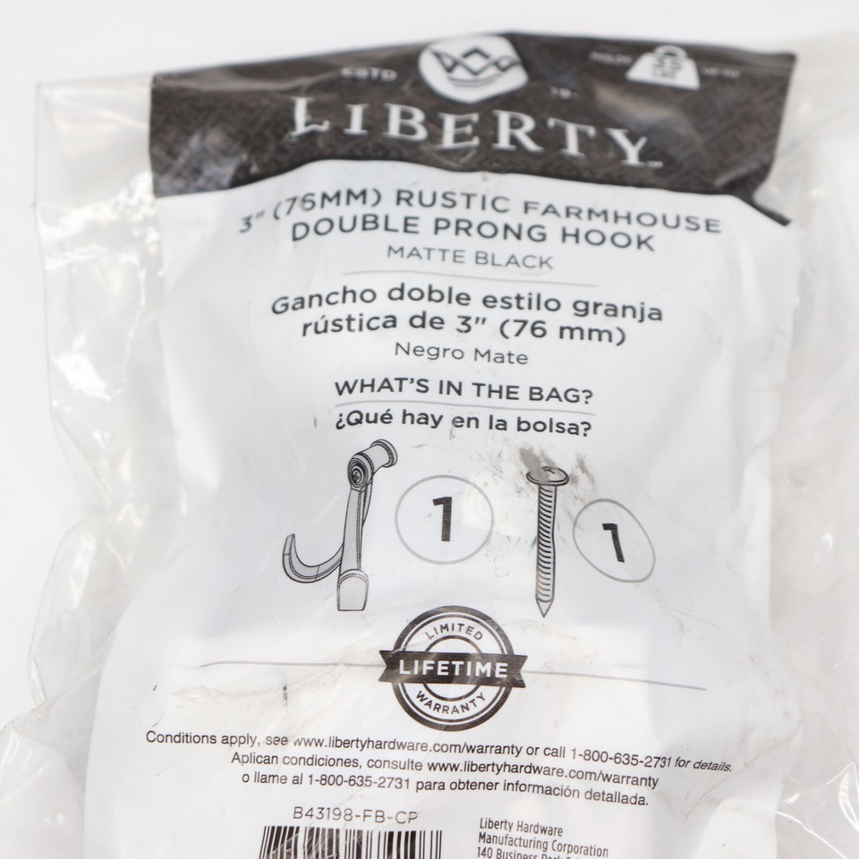 Liberty Rustic Farmhouse Double Prong Hook Flat Black Finish 3" B43198 ...