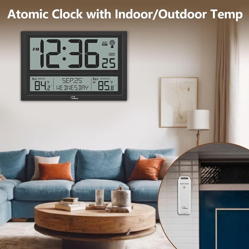 20'' Extra Large Atomic Clock with Indoor Outdoor Temperature Ultra ...