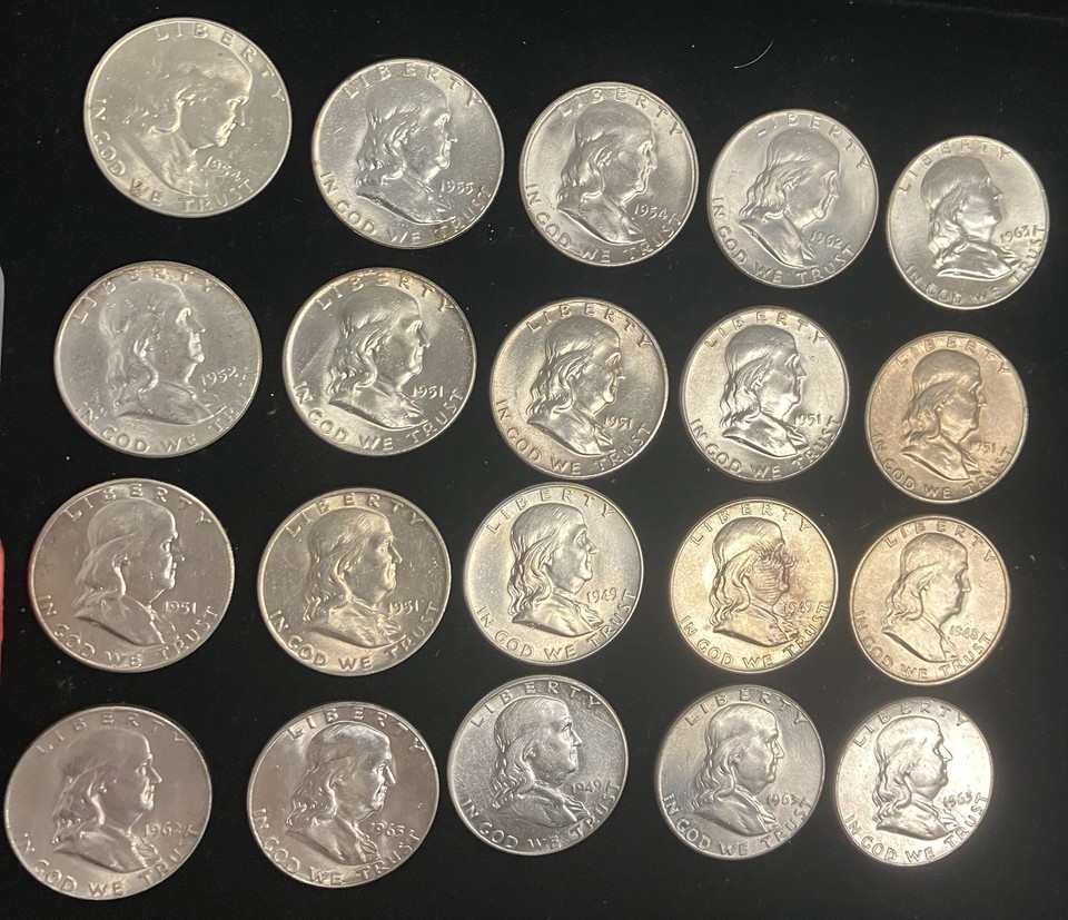 1948-1963 $10 Mix 90% Silver Franklin Half Dollar Roll 20x Uncirculated ...