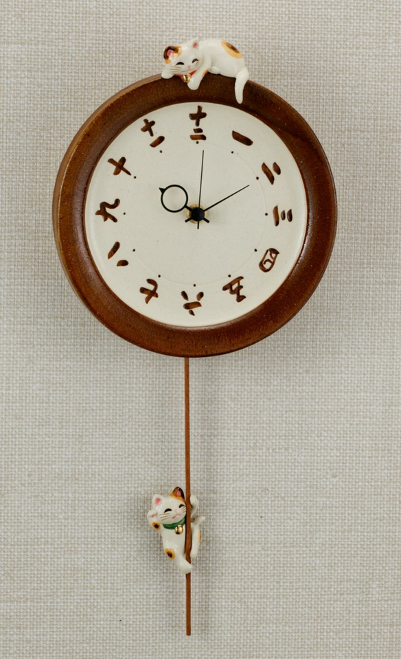 Japanese Pair Lucky Cat Manekineko Pendulum Wall Clock Pottery SETO ...