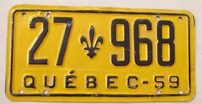 1959 QUEBEC CANADA AUTO PASSENGER LICENSE PLATE " 27 968 " QU 59 ...