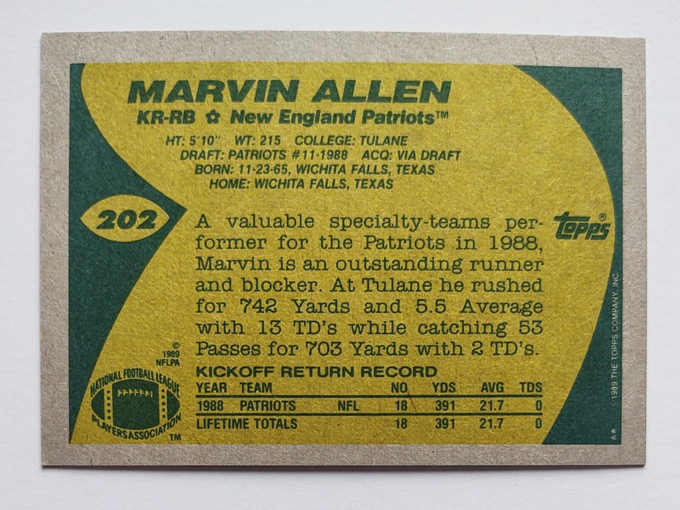 MARVIN ALLEN 1989 Topps Football Rookie #202 New England Patriots | eBay